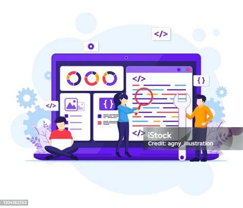 소프트웨어 개발 개념 사람들은 거대한 노트북 프로그래밍 및 코딩 평면 벡터 일러스트레이션에서 작동 Html에 대한 스톡 벡터 아트 및 기타 이미지 Istock