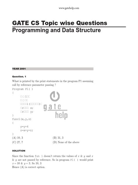 Programming And Data Structure Gate Cs Topic Wise Questions Pdf Array Data Structure C