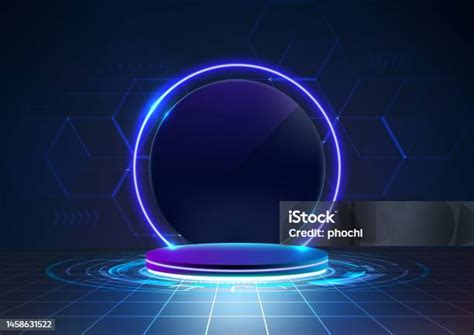 3d 현실적인 기술 디지털 사이버 펑크 연단 디스플레이 네온 조명 원 포털 어두운 파란색 배경에 Hud 기하학적 요소 0명에 대한 스톡 벡터 아트 및 기타 이미지 Istock