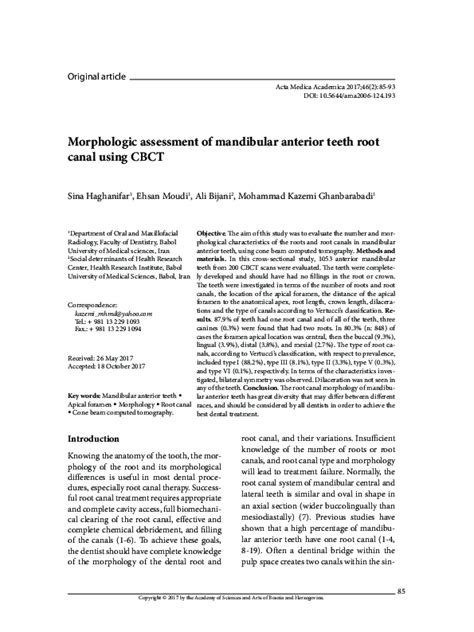 Pdf Morphologic Assessment Of Mandibular Anterior Teeth Root Canal