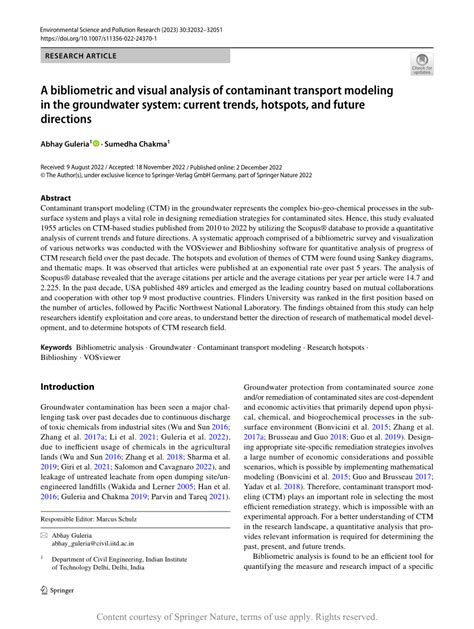 A Bibliometric And Visual Analysis Of Contaminant Transport Modeling In The Groundwater System