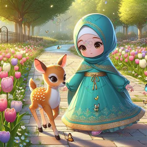 بک گراند کودکانه دختر بچه ناز با حجاب و بچه آهوی ناز در حال قدم زدن در جاده باغ لاله ها کد 43938