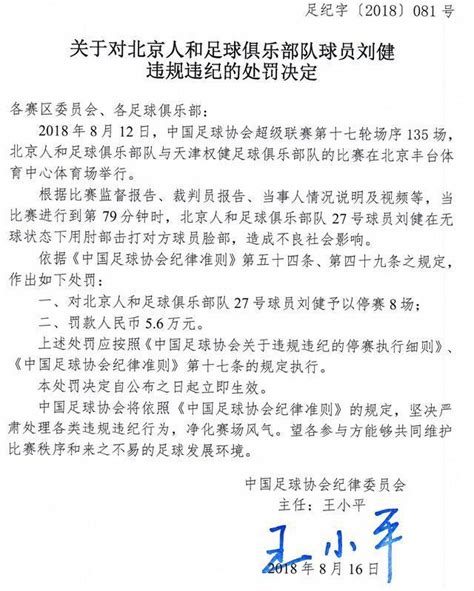 足协重罚刘健：肘击对手禁赛8场 罚款56万元权健