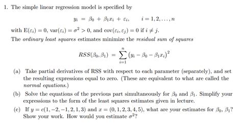 Solved 1 The Simple Linear Regression Model Is Specified By