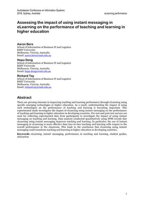 Pdf Assessing The Impact Of Using Instant Messaging In Elearning On The Performance Of