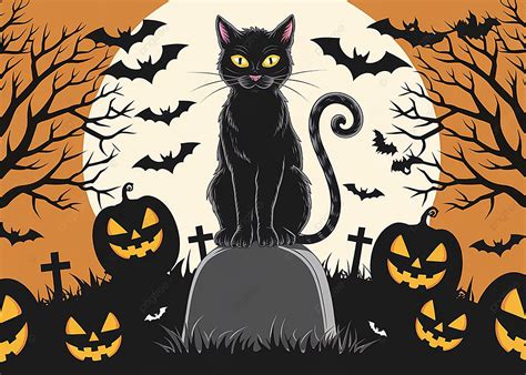 박쥐 호박이 있는 할로윈 배경 검은 고양이 노란 눈 박쥐와 호박이 있는 할로윈 배경 노란색 빛나는 눈을 가진 검은 고양이 할로윈 짜증 보름달 야간 장면 가로 배경