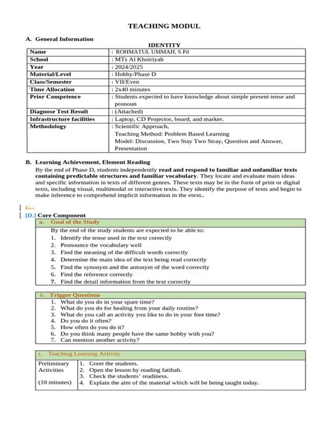 Contoh Modul Bahasa Ingris Hobby Grade 7 Pdf Vocabulary Linguistics