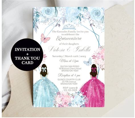 Twins Quinceañera Invitation Diy Editable Template Blue Pink Floral