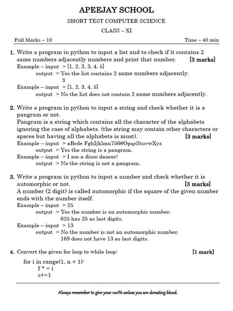 Class Xi Short Test Computer Science Pdf
