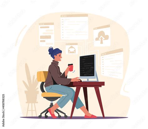 Programming Concept Woman Programmer Make Site Or Web Interface Project Female Character