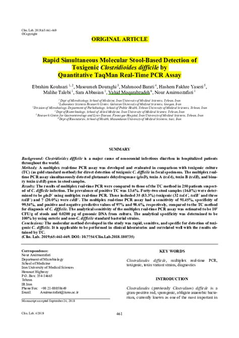Pdf Rapid Simultaneous Molecular Stool Based Detection Of Toxigenic Clostridioides Difficile