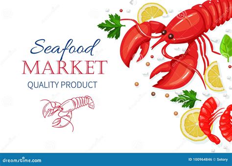 Vector Set For Seafood Restaurant Branding Flyer With Border Frame And