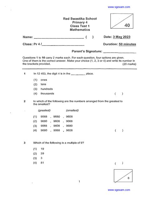 2023 P4 Maths Weighted Assessment 1 Red Swastika Pdf