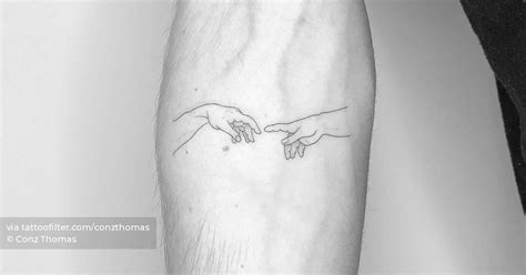 Fine Line Hands From The Creation Of Adam Tattooed On