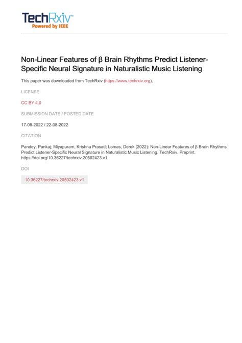 Pdf Non Linear Features Of β Brain Rhythms Predict Listener Specific Neural Signature In