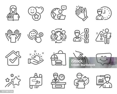 사람 아이콘이 설정됩니다 스마일 채팅 프리젠 테이션 시간 프리젠 테이션 표지판으로 아이콘이 포함되어 있습니다 벡터 고객에 대한 스톡 벡터 아트 및 기타 이미지 Istock