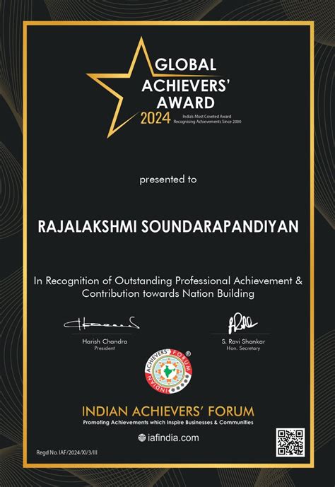 Ms Rajalakshmi Soundarapandiyan Indian Achievers Forum