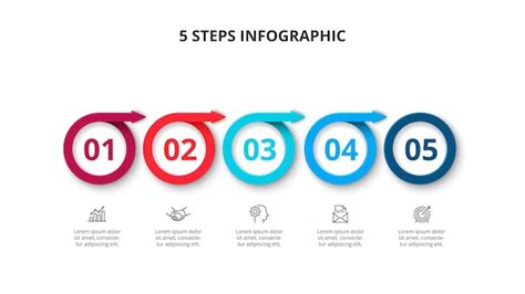 화살표가 있는 5개의 링 인포그래픽 5가지 옵션 단계 또는 프로세스가 포함된 프레젠테이션용 템플릿 프리미엄 Psd 파일