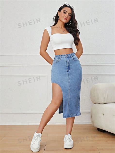 Shein Unity Falda En Mezclilla De Muslo Con Abertura Moda De Mujer