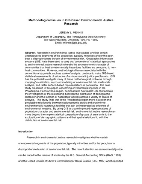 Methodological Issues In Gis Based Environmental Justice Research