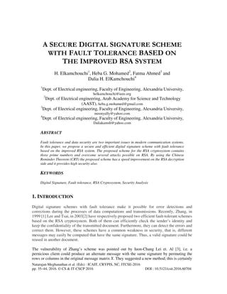 A SECURE DIGITAL SIGNATURE SCHEME WITH FAULT TOLERANCE BASED ON THE IMPROVED RSA SYSTEM PDF