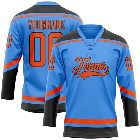 Custom Electric Blue Orange Black Hockey Lace Neck Jersey Sale Online