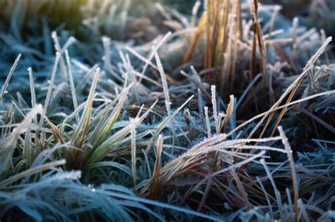 Abstract Patterns Of Frost On Grass Focusing On Textures Stock