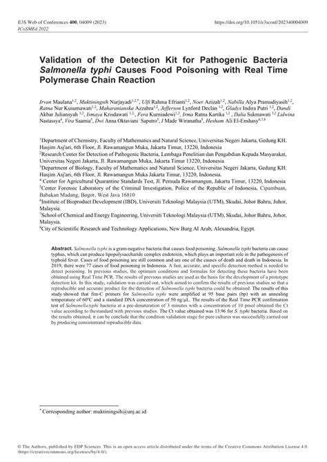 Pdf Validation Of The Detection Kit For Pathogenic Bacteria Salmonella Typhi Causes Food