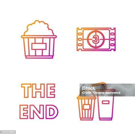 세트 라인 팝콘과 소다 음료 유리 끝 필기 비문 골판지 상자에 팝콘및 재생 비디오 그라데이션 색상 아이콘입니다 벡터 가방에 대한 스톡 벡터 아트 및 기타 이미지 Istock
