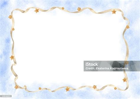 파란색과 금색의 별이 빛나는 디테일이 있는 손으로 그린 수채화 카드 출생 발표나 생일 축하에 적합합니다 리본 테두리와 복사 공간이 있는 직사각형 레이아웃이 특징입니다 0명에
