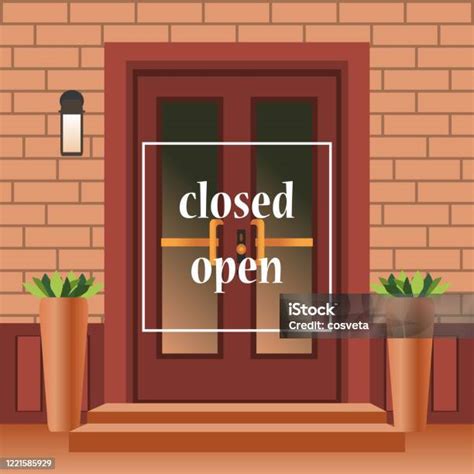 문 앞과 계단 현관 창문 램프 외부 입구 문 벽돌 벽이있는 아파트 건물 평면 집 콘도의 블록에 대한 벡터 그림입니다 닫힌 오픈 도어 컨셉 디자인 배너 브라운 레드 컬러 0