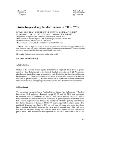 pdf fission fragment angular distributions in 16o 181ta