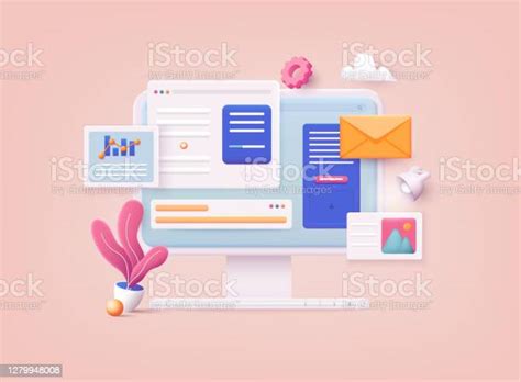 3d 웹 벡터 일러스트레이션 열린 페이지가 있는 컴퓨터입니다 웹용 방문 페이지 템플릿입니다 3차원 형태에 대한 스톡 벡터 아트 및 기타 이미지 Istock