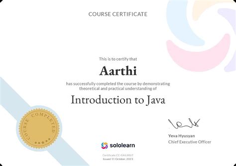 certified for java by sololearn authority aarthi k posted on the