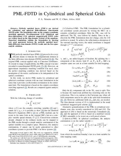 Pdf Pml Fdtd In Cylindrical And Spherical Grids