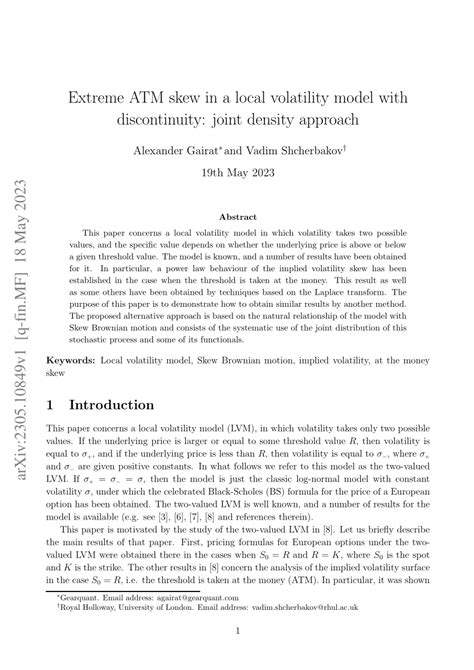 Pdf Extreme Atm Skew In A Local Volatility Model With Discontinuity Joint Density Approach