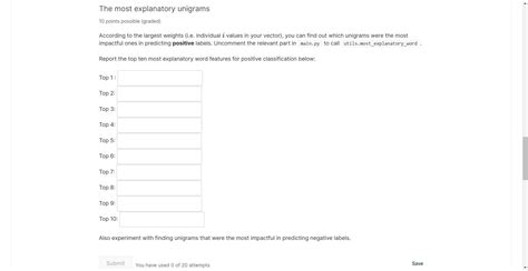 solved the most explanatory unigrams 10 points possible