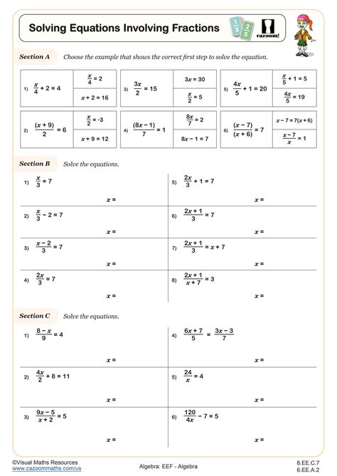 Solving Equations Involving Fractions Worksheet Fun And Engaging 6th Grade And 8th Grade