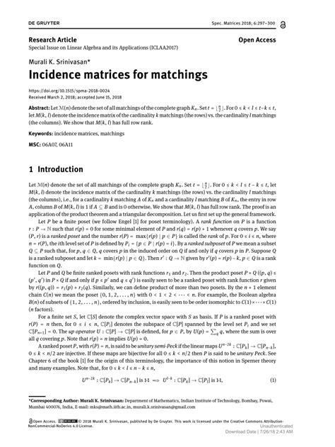 Pdf Incidence Matrices For Matchings