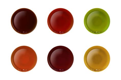 상쾌한 차 한 잔 사실적인 음료의 평면도 생강 오렌지 또는 히비스커스 녹색 또는 검은 색 재스민 향기의 맛과 향기로운 음료의 벡터 고립 세트 카페 또는 레스토랑 주문 0명에