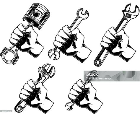 핸드 렌치 자동차 피스톤입니다 레이블 상징 기호에 대 한 디자인 요소입니다 강철에 대한 스톡 벡터 아트 및 기타 이미지 강철 교통수단 금속 Istock