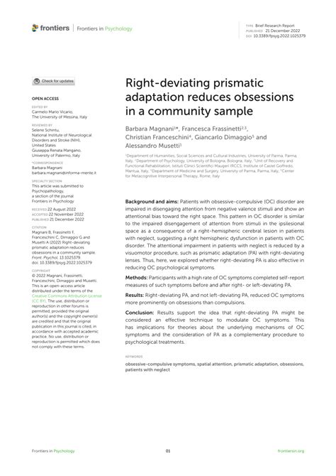 Pdf Right Deviating Prismatic Adaptation Reduces Obsessions In A Community Sample