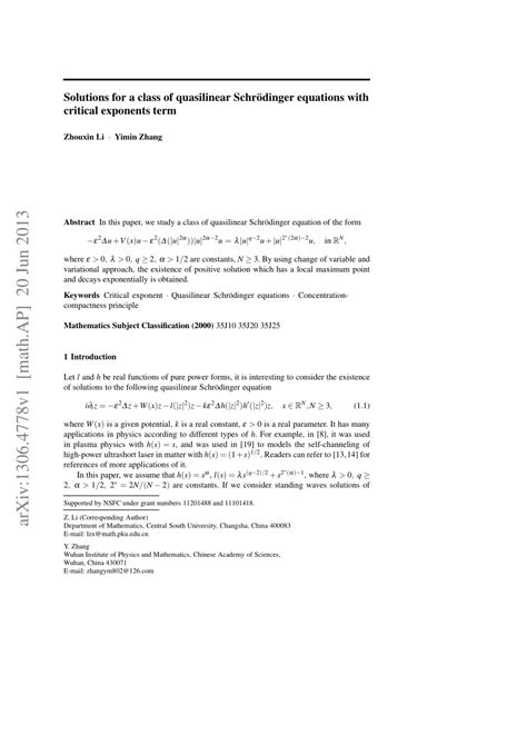 Pdf Solutions For A Class Of Quasilinear Schr O Dinger Equations With Critical Exponents Term