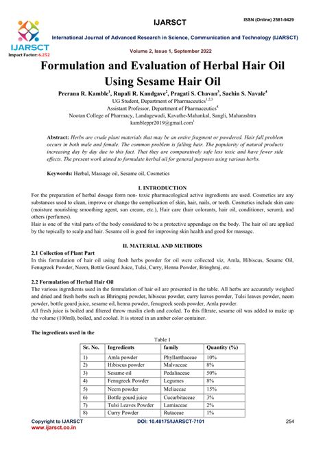 Pdf Formulation And Evaluation Of Herbal Hair Oil Using Sesame Hair Oil