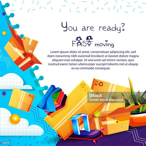 만화 스타일의 빠르게 움직이는 개념 이사할 준비가 되셨나요 골판지 상자 와 개인 물품 와 텍스트를 위한 장소가 있는 세련된 크리에이티브 배너 0명에 대한 스톡 벡터 아트 및