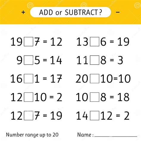 Add Or Subtract Number Range Up To 20 Mathematical Exercises Addition And Subtraction Stock
