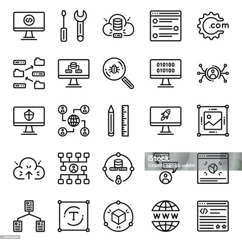 서개발 아이콘 세트 벡터 일러스트레이션 서 웹 개발 코딩 웹 사이트 디자인 얇은 라인 아이콘 Html에 대한 스톡 벡터 아트 및