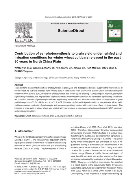 Pdf Contribution Of Ear Photosynthesis To Grain Yield Under Rainfed And Irrigation Conditions