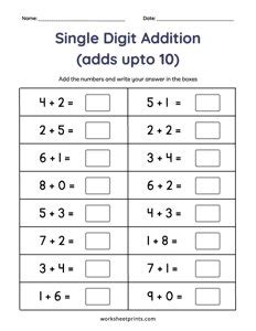 One Digit Addition Worksheets