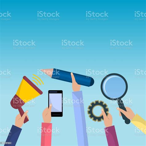 인간의 손에 확성기 기어 스마트폰 펜 그리고 돋보기를 보유 하고있다 평면 그림입니다 Lupe Ontiveros에 대한 스톡 벡터 아트 및 기타 이미지 Istock